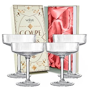 Vintage Art Deco Coupe Glasses, Martini, Champagne & Cocktail Ribbed Glass 7 oz | Set of 4 | Crystal, Manhattan, Cosmopolitan, Sidecar Cocktail Glassware for Champagne , Ripple Glassware - Gift Box