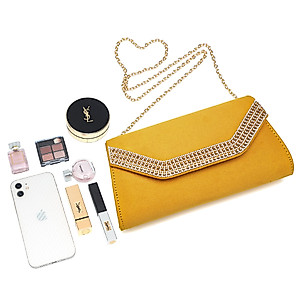 MYLONI Women Faux Suede Evening Bags Rhinestone Envelope Clutch Purse Cocktail Prom Handbag Wedding Purses Party Bag (Mustard Yellow)