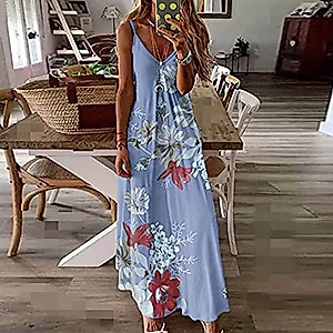 Mini Dresses for Women Women Summer Casual Sexy Sleeveless V Neck Long Flower Print Dress Blue