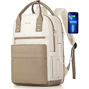 YAMTION Laptop Backpack for Women Bookbag School Backpack with Charger,Aesthetic Computer Backpacks for High School Teen Girls Office College Students Nursing Work,Mochila Mujer,Beige