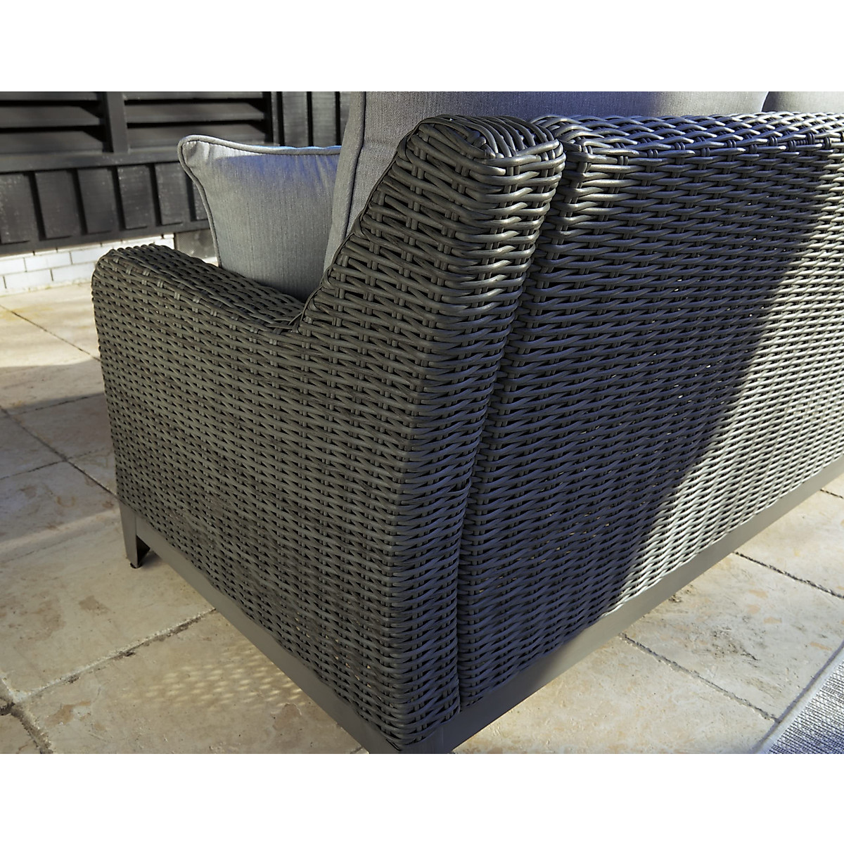 Signature Design by Ashley Outdoor Elite Park Patio Wicker Loveseat with Cushion, Gray