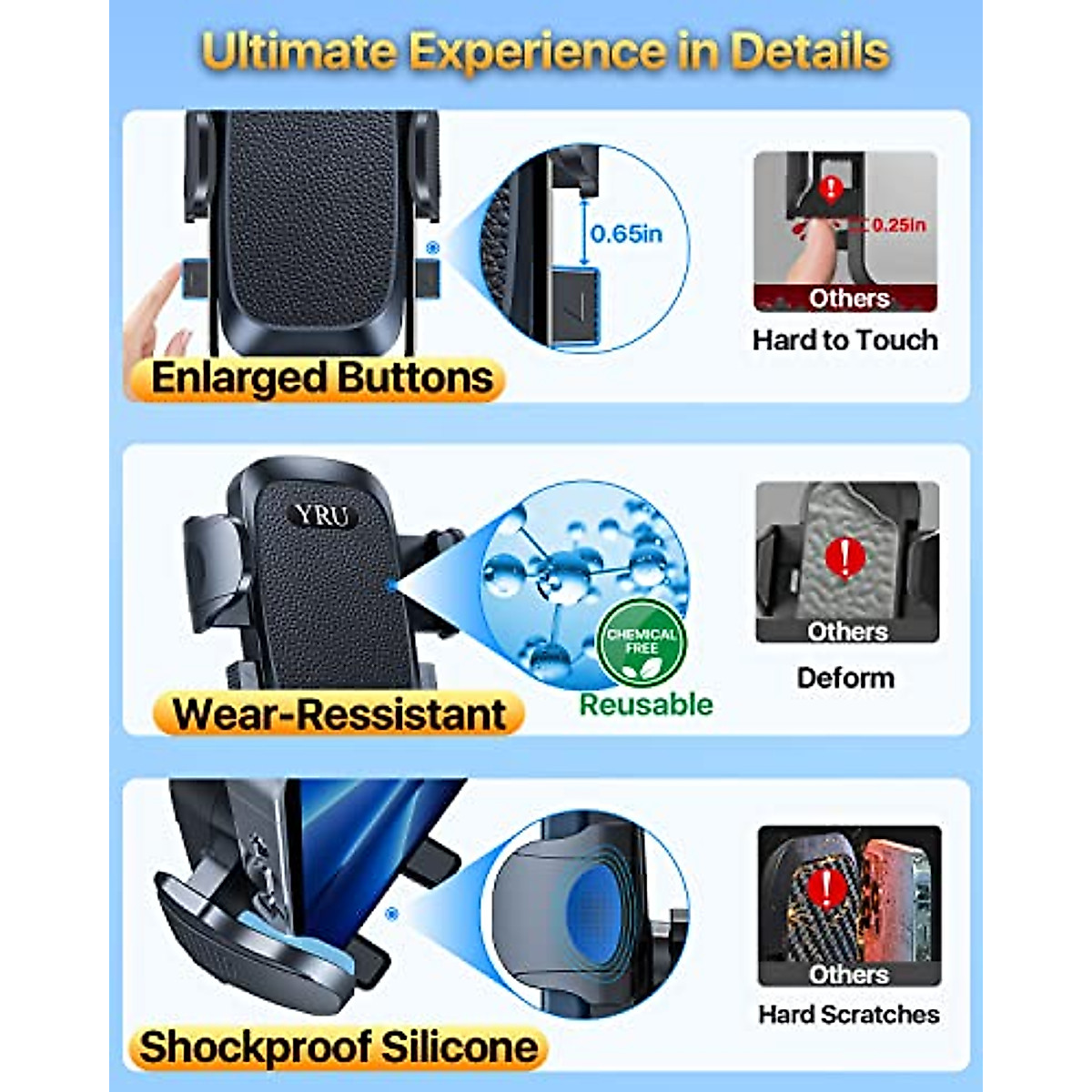 YRU [Upgrade 80LBS Strong Suction] Car Phone Holder Mount,[Bumpy Road Stable] Dashboard Cell Phone Holder for Car Air Vent Windshield Phone Stand for iPhone 14 13 12 Pro Max Samsung & Pickup Truck