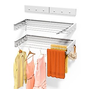Upgrade Laundry Drying Rack Collapsible, Wall Mounted Drying Rack, Clothes Drying Rack, Retractable Drying Rack, 31.5" Wide, 13.2 Linear Ft, 5 Aluminum Rods (31.5'' Wide with 6 Hooks)