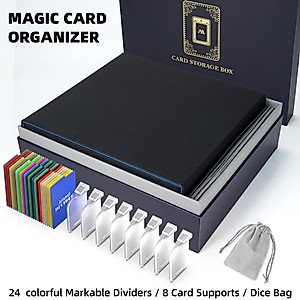 AFIING Trading Card Storage Box 6000+ Capacity – DIY Toploader Case w/ 24 Dividers & 8 Supports, Fits 3x4 Rigid Card, Deck Box for MTG TCG Sports Cards– Black & Blue