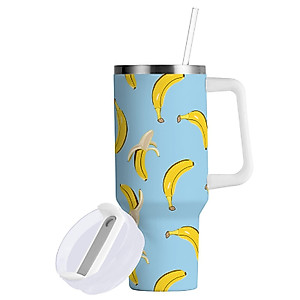 Light Blue Banana 40 oz Tumbler with Handle and Straw Insulated Reusable Leak-proof Travel Coffee Mug Cup with Lid Thermal Stainless Steel Water Bottle for Coffee Iced Tea