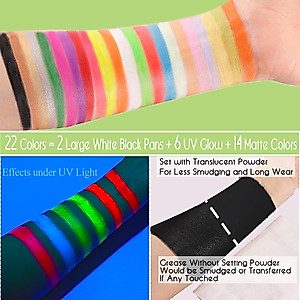 CCbeauty Halloween Face Body Paint 22 Colors(6 UV Glow+16 Matte Colors) with 10 Artist Brushes, Oil Large Clown White Face Painting Kit SFX Cosplay Costume FacePaint Makeup