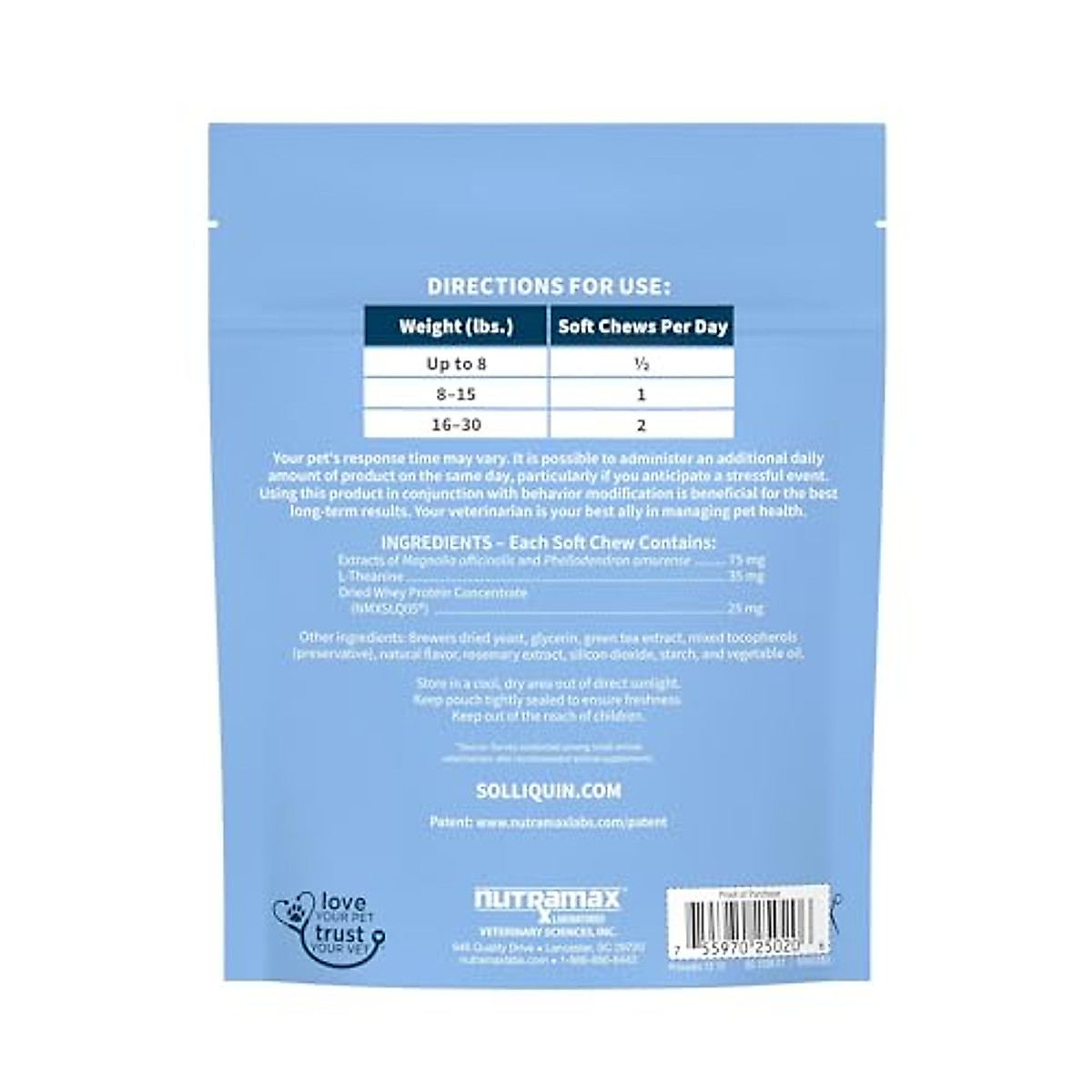 Nutramax Solliquin Calming Behavioral Health Supplement for Small to Medium Dogs and Cats - With L-Theanine, Magnolia / Phellodendron, and Whey Protein Concentrate, 75 Soft Chews