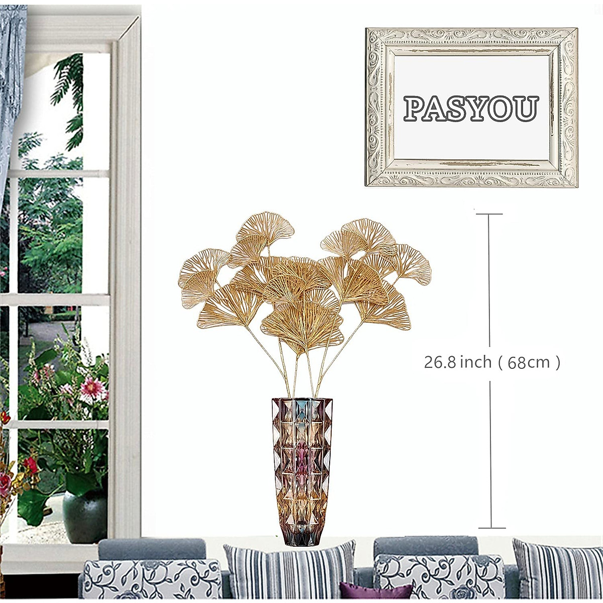 PASYOU Artificial Plants for Christmas Decor, Golden Plastic Grass Fake Shrubs Apricot Leaves Indoor Outdoor Home Garden Party Hotel Verandah Wedding Event Faux DIY Decoration - 26.8 Inch Gold 2 Pack