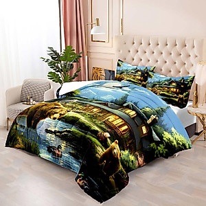 LUVIVIHOME 3PCS Cute Bear Comforter Set King Size, Mallard Duck Deer Squirrel Lake Woodland Forest Animal Wildlife Country Lodge Rustic Farmhouse Cabin Bedding Sets for Kids Boys Girls, 2 Pillow Shams