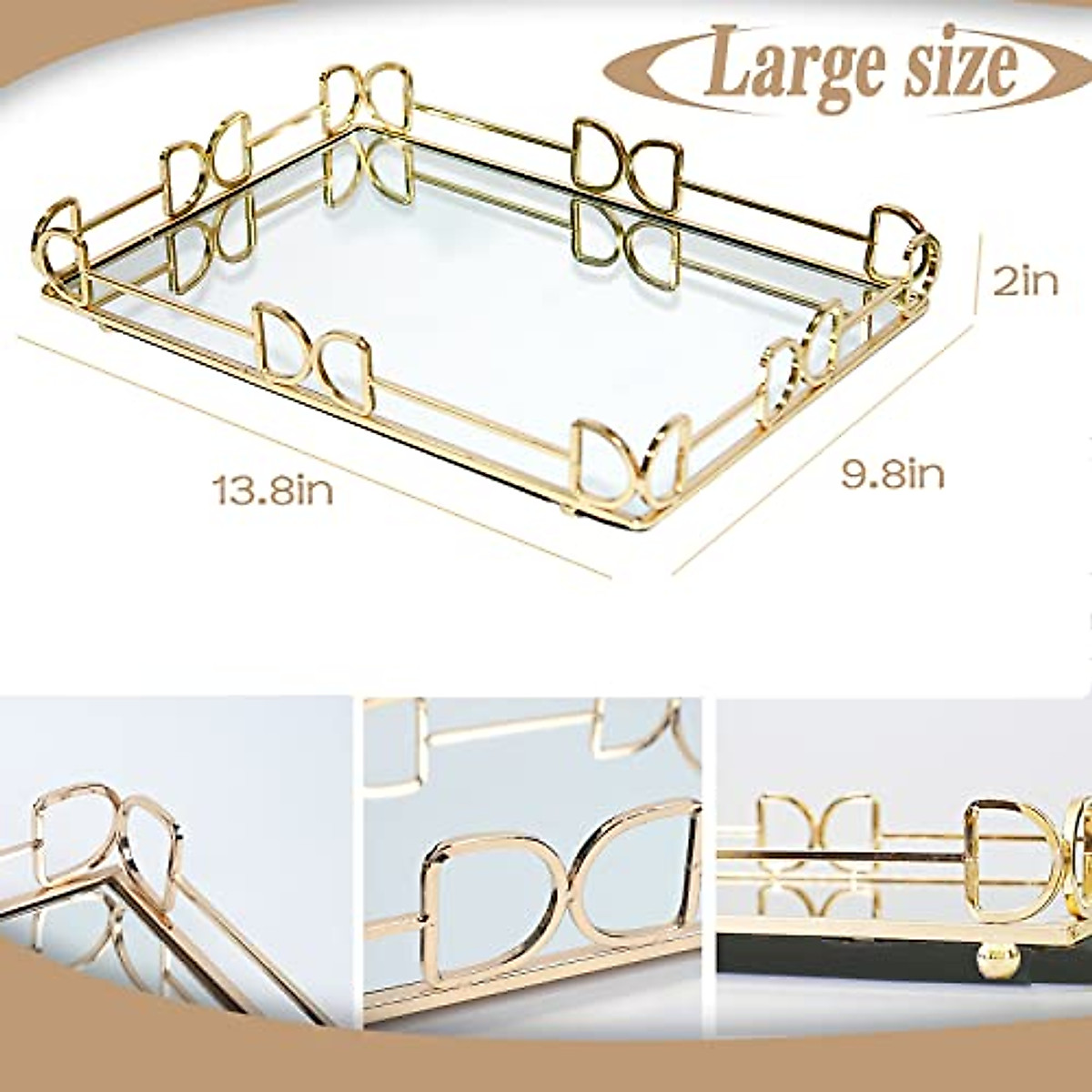 Mirror Tray, Gold Perfume Tray, Large Decorative Tray, Metal Jewelry Tray, Makeup Perfume Holder Organizer for Dresser, Vanity, Bathroom 13.8 "X9.8 X2