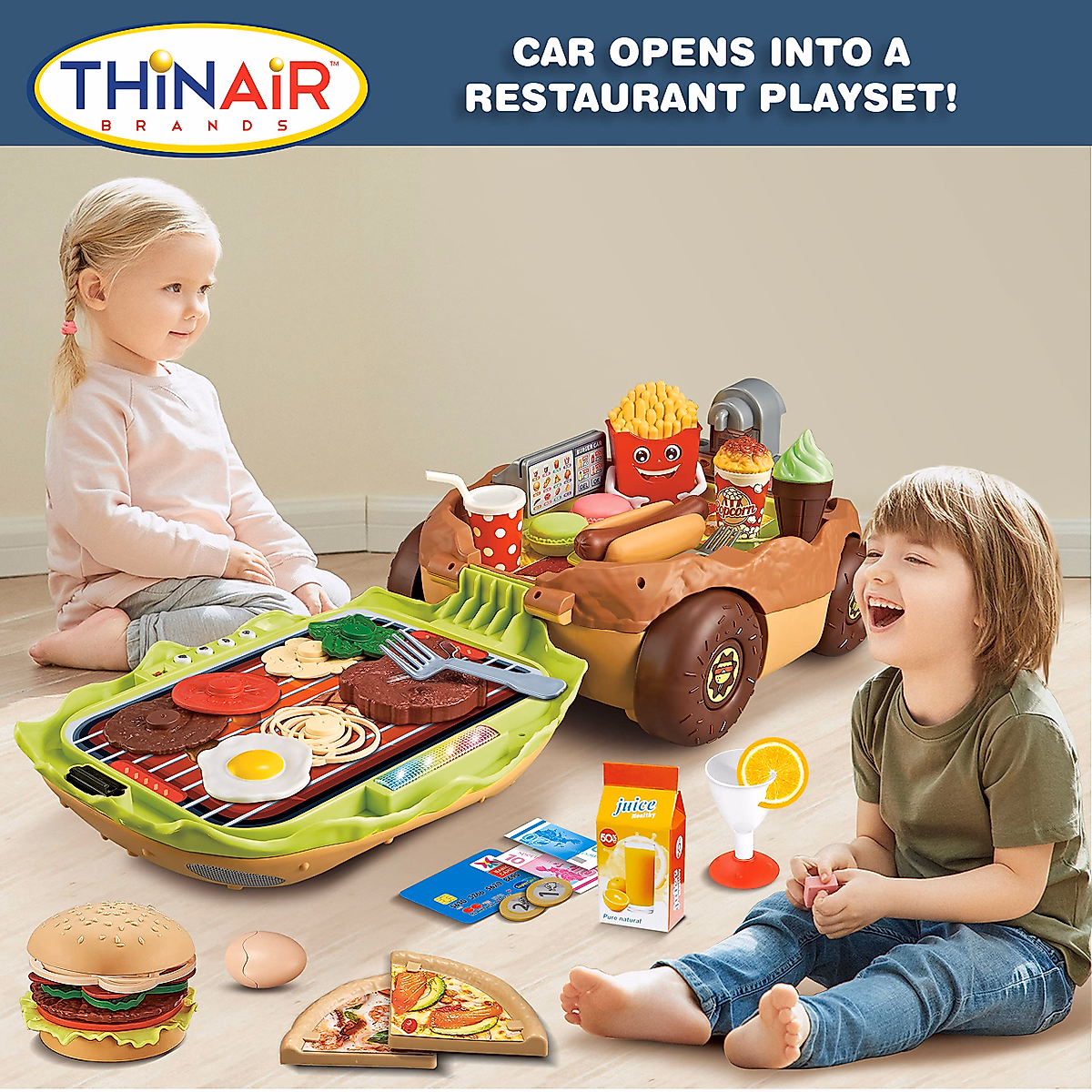 Burger Car Kids’ Kitchen Playset: 3 Pretend Play Toys in 1 with Fun Lights & Sounds, Includes Burger-Shaped Toy Car, Toy Food, Toy Grill & Toy Restaurant/Food Truck for Kids 3 & Up