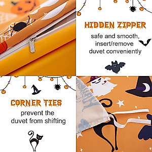 Luxudecor Halloween Duvet Cover Set King Size Pumpkin Bat Tombstone Witch Hat Cobweb Pattern Duvet Cover Orange Soft Microfiber Halloween Themes Bedding Set Kids Gift(3pcs, 104"x90")