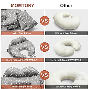 MOMTORY Nursing Pillow for Breastfeeding & Bottle Feeding Pillows 15° Tilt to Prevent Spitting Milk, Arm Pillow Support for Mom and Baby, Adjustable Waist Strap Cotton Cover, Grey