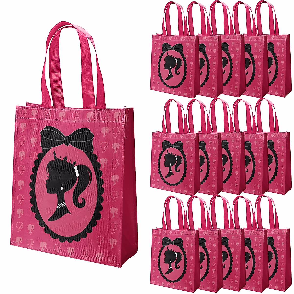 HYOUNINGF Pink Girls Party Supplies, 15PCS Large Doll Party Favor Gift Bags, Reusable Pink Party Goodie Candy Bags with Handle for Girls Birthday