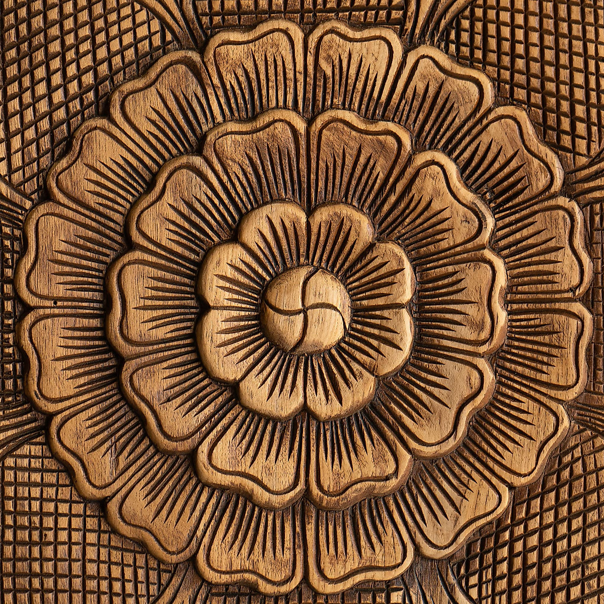 Queen Mandala Head Board Wood, Carve Wall Art Hanging, Reclaim Teak Medallion Panels, Weathered Brown Stain Finishing, 60 inches