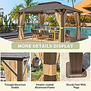 Aluminum Outdoor Gazebo 10X13 with Hardtop Polycarbonate Double Roof, Sturdy Hardtop Sun Shade Canopy, Metal pergola w/Hook Design for Deck Backyard Wedding Garden, Grill Gazebo w/Curtains and Netting
