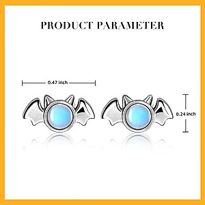 Halloween Moonstone Bat Earrings Sterling Silver Vampire studs for Women Hypoallergenic Piercing Stud for Sensitive Ears Fashion Gothic Jewelry
