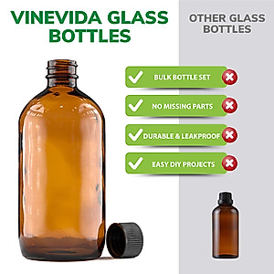VINEVIDA 8 oz Amber Glass Bottles - 50 Pack Amber Boston Glass Bottles With Poly Cap - Bulk Glass Bottles - Empty Tincture Bottles for Essential Oils, Lab Chemicals, and Perfumes - Refillable Bottles