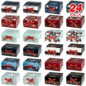 ARTLYMERS Christmas Gift Boxes with Lids, 24 Pack Gift Boxes and Red Ribbon Christmas Themed Pattern Small Gift Boxes for Christmas Presents Gifts Easy Assemble
