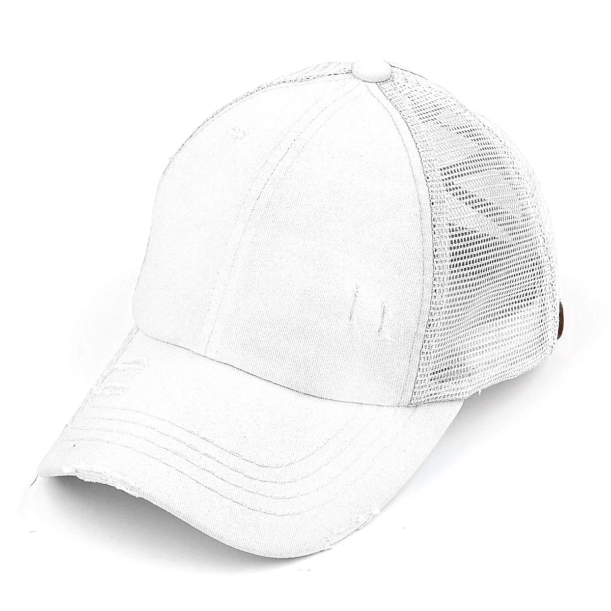 Funky Junque Ponytail Messy Bun Trucker Ponycap (Mesh - White w/Criss Cross Back)