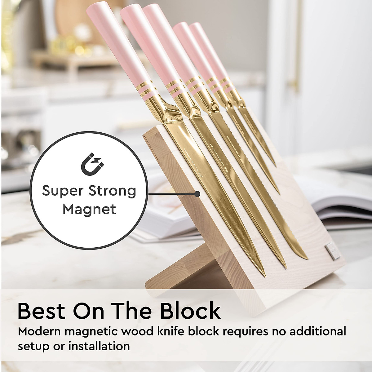 Pink Knife Set with Magnetic Knife Block - 6 PC Pink and Gold Knife Set with Block Includes Pink Kitchen Knife Set & Ashwood Magnetic Knife Holder - Pink Kitchen Accessories