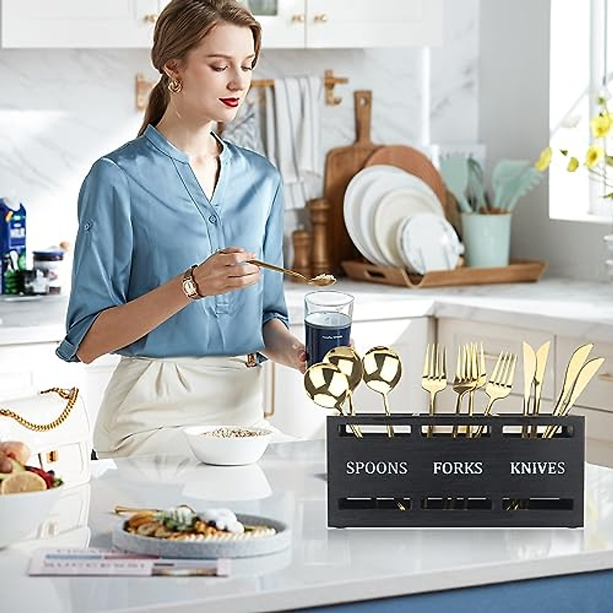 Ayiaren Wooden Silverware Caddies Flatware Cutlery Holder Wood Silverware Organizer Storage Containers Black Kitchen Utensils Holder for Countertop Spoon and Fork Holder Flatware Utensil Caddy