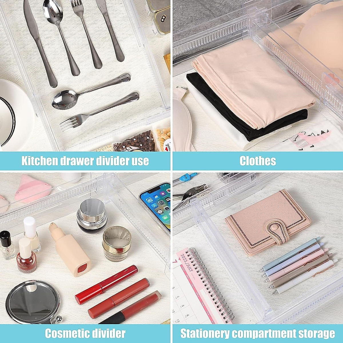 WJWSKI Drawer Dividers Organizers 4 Set, 11-20" Adjustable Dresser Drawers Dividers, 3.2" High Drawer Separators for Clothing Storage, Plastic Expandable Drawer Divider for Kitchen Utensils (Clear)