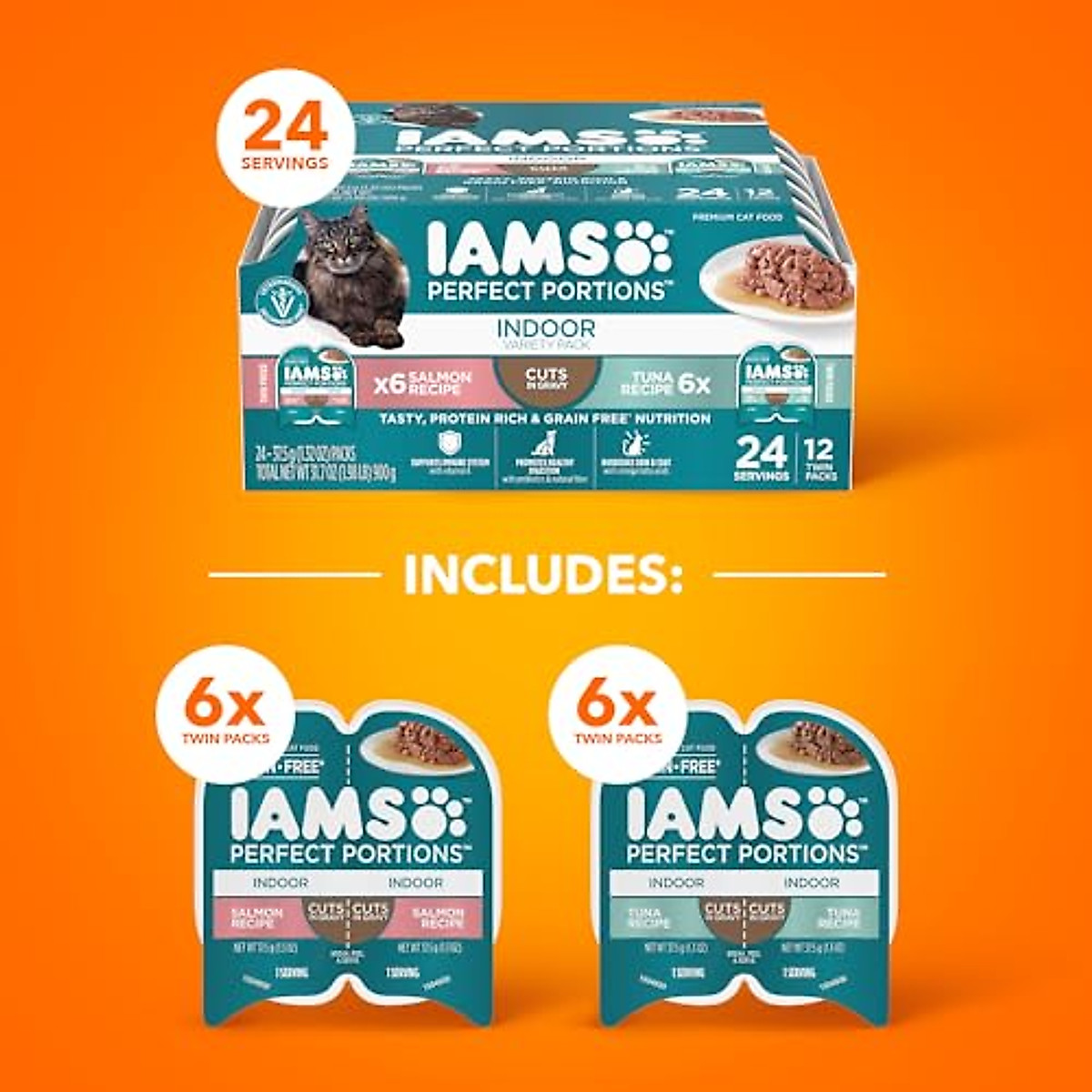 Iams Perfect Portions Indoor Adult Grain Free Wet Cat Food Pate Variety Pack, Salmon and Tuna Recipes, 2.6 oz. Easy Peel Twin-Pack Trays (12 Count, 24 Servings)