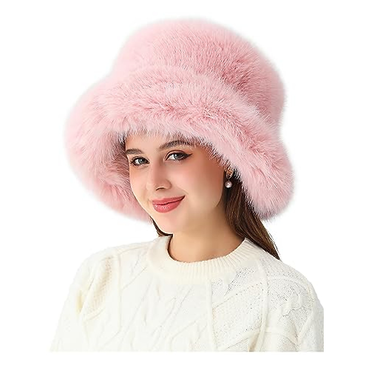 Rulala Fancy Women's Faux Fur Bucket Hats Fluffy Winter Warm Ladie's Unique Wide Brim Fisherman Cap(Pink)