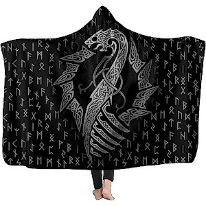 BURNAR Medieval 3D Printing Hooded Blanket Warm Viking Dragon Rune Vegvisir Unisex Winter Wearable Hooded Blanket Double Layer Thick Plush Fleece Blanket Cloak (Color : D, Size : 50x60in/130x150cm)