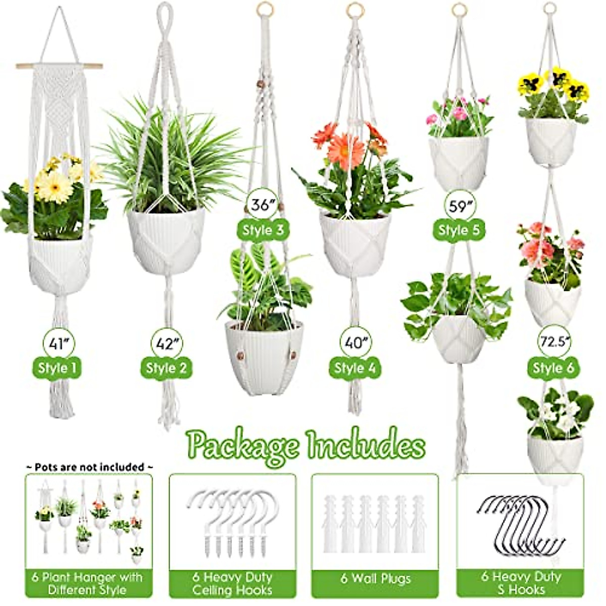 Macrame Plant Hangers - 6 Pack Indoor Hanging Plant Holder - Different Tiers Handmade Macromay Cotton Rope Hanging Planters Set, for Indoor Outdoor Boho & Home Decor
