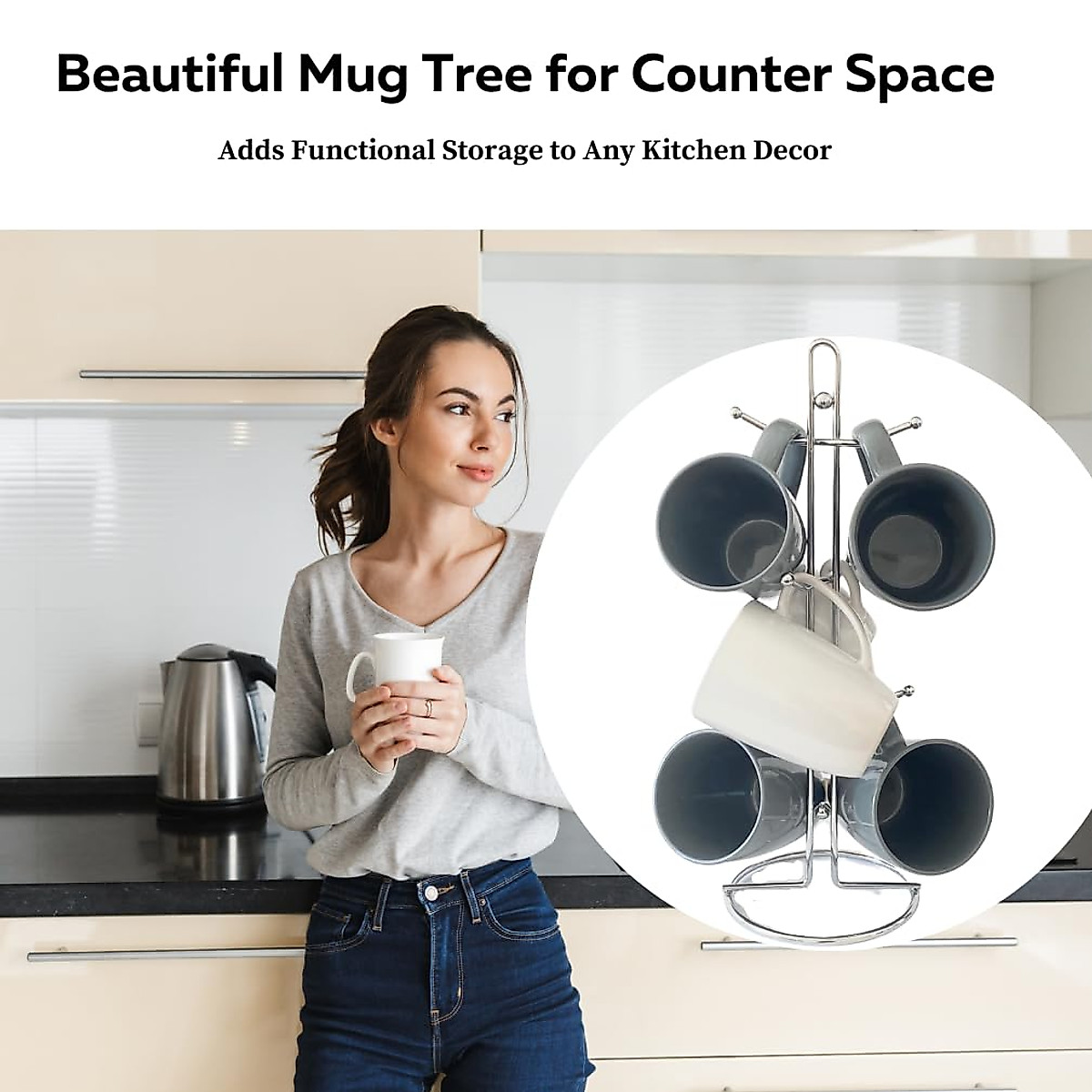 Evelots Countertop Coffee Mug/Teacup Organizer Stand/Rack/Tree-Hooks Hold 6 Large Mugs-Modern Chrome Finish-Coffee Bar Accessory