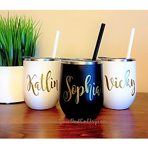 Personalized Stemless Wine Cup Tumbler Stainless Steel, Girls Trip Gift, Wedding Party Gifts, Bridesmaid Gift, Travel Wine Cup with Lid, Bachelorette Cups, Personalized Wine Glasses, Vinyl Decal