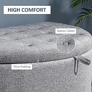 HOMCOM Half Moon Storage Ottoman, Upholstered Button Tufted Storage Bench with Lift Lid and Wood Legs, for Living Room, Entryway, Gray