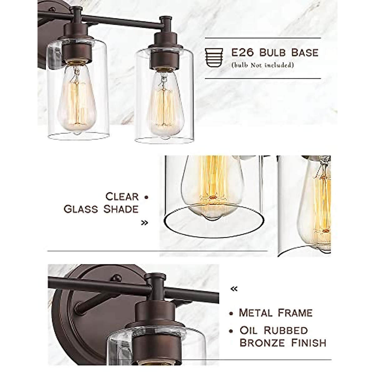 FEMILA 3-Light Vanity Light,Farmhouse Bathroom Light Fixtures,Metal Wall Sconce with Clear Glass Shade,Oil Rubbed Bronze Finish,4FYC56B-3W ORB