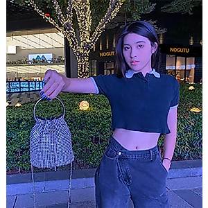 Rhinestone Purs for Women Clutch Purses Crystal Mini Top Handle Handbag Chain for Party(Buckle-Silver)