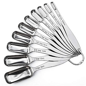 FANGSUN Stainless Steel Narrow Measuring Spoons, Heavy Duty Metal Measuring Spoons with Long Handle and Engraved Measurements Set of 10, For Dry or Liquid, Fits in Spice Jar