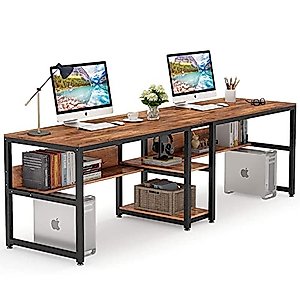 Tribesigns Two Person Desk with Bookshelf, 78.7 Computer Office Double Desk for Two Person, Rustic Writing Desk Workstation with Shelf for Home Office (Brown)