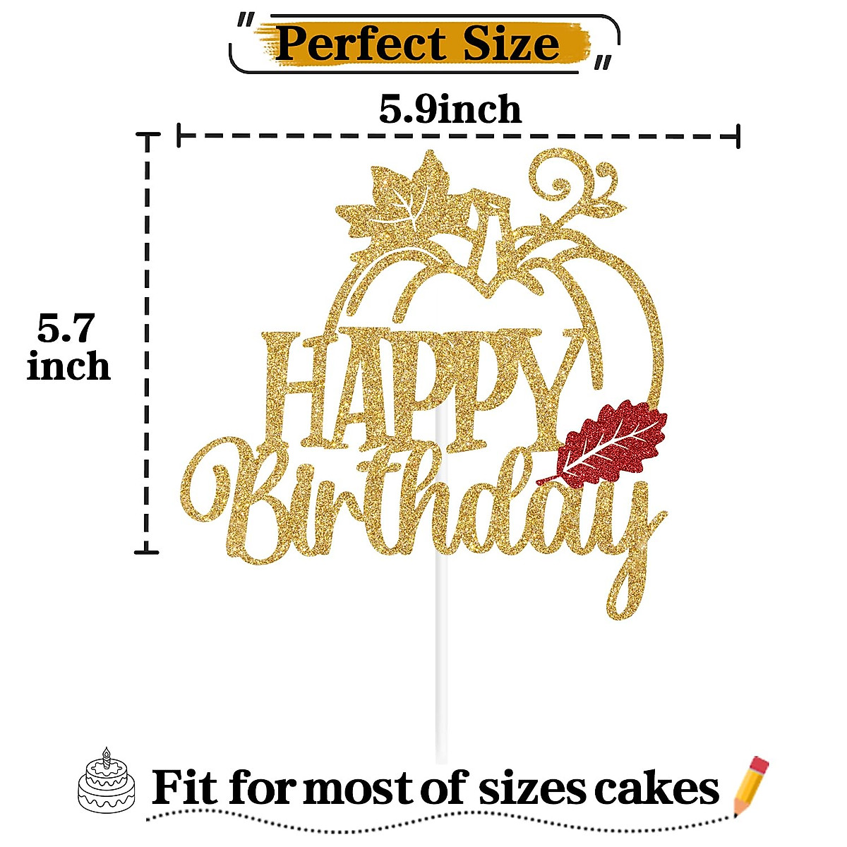 Gold Glitter Pumpkin Happy Birthday Cake Topper, Pumpkin Themed Birthday Party Decorations, Autumn Fall Maple Leaves Birthday Party Decorations Supplies