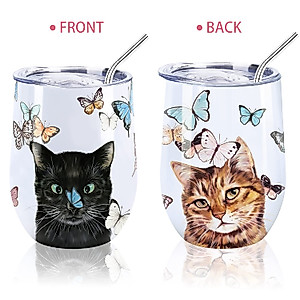 NymphFable 12oz Cat Cup Wine Tumbler With Straw And Lid Insulated Stemless Wine Glass Stainless Steel Double Wall
