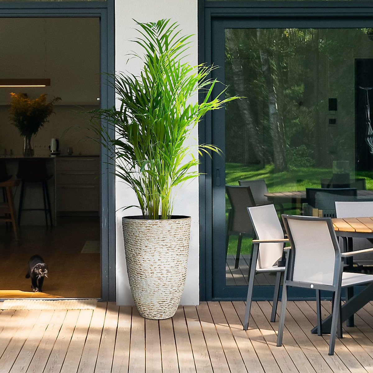 KOL 2-Pack 21in. Tall Plastic Planter - Large Round Tapered Plant Pots with Textured Finish - Beige Imitation Stone Looking Flower Pots for Indoor & Outdoor Plants - Lightweight and Durable