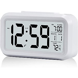 KAIJIELY Upgraded Digital Alarm Clock, 4.3" LED Display with Temperature Larger Lound Light Control Portable Snooze Calendar Brightness with Battery Powered Alarm Clocks Bedside for Everyone (White)