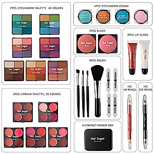 Hot Sugar Makeup Kit for Teenager Girls - Full Starter Cosmetics Set with Eye Shadow Lip Balm Blush Lip Gloss Brush Lip Pencil Eye Pencil and Mirror (Rainbow)