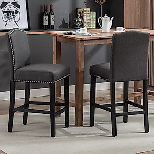 KCC Counter Height Bar Stool 26 Inches Upholstered High Back Barstool with Antique Nail Heads Solid Wood Set of 2 Counter Height Bar Chairs,Gray