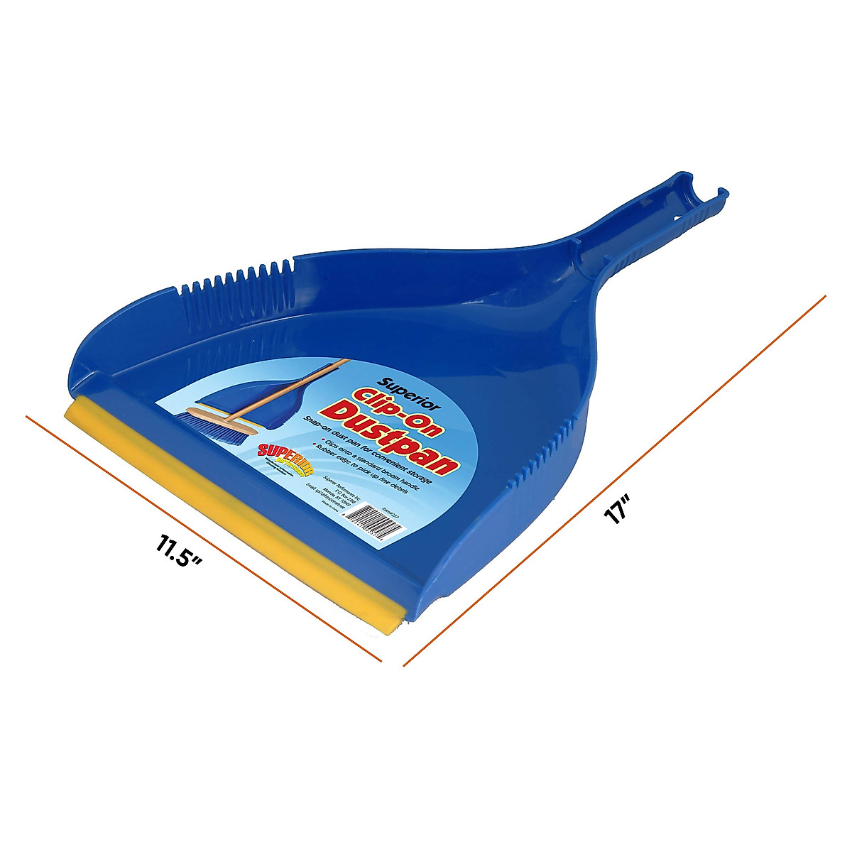 Superio Clip-On Dustpan - Heavy Duty Plastic, Easy Grip Clip-On Dust Pan with Rubber Edge, Detailed Sweeping Debris, Fits Standard Brooms Home & Commercial Dusting & Cleaning Tool, Blue, 2-Pack