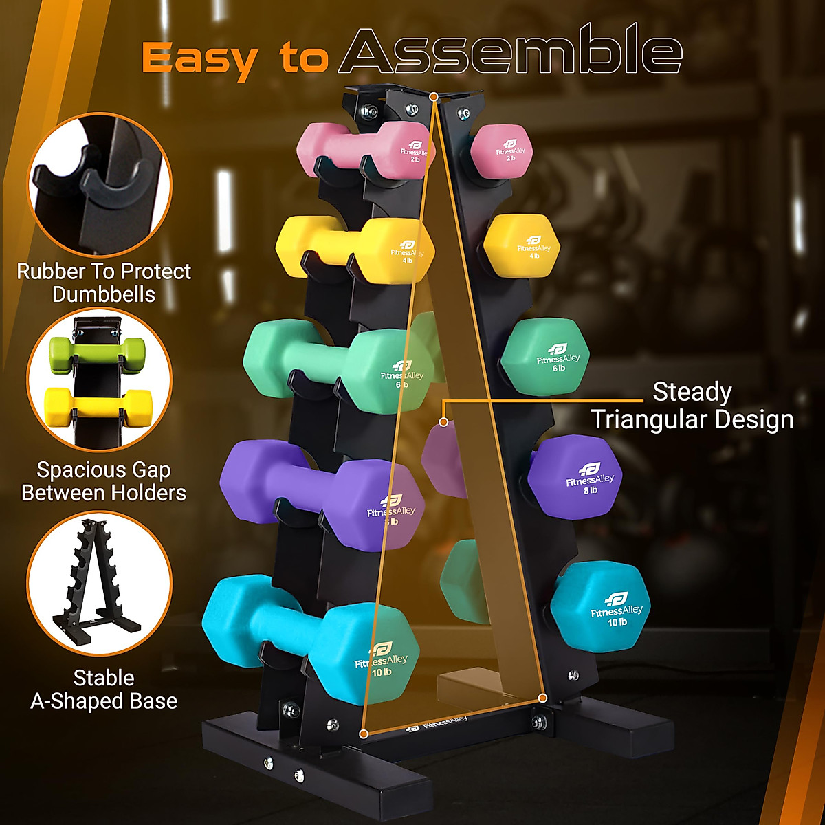 Fitness Alley Neoprene Dumbbell 5 Tier Rack & 5 Pairs Set (2,4,6,8,10 Lbs) Coated for Non Slip Grip - Hex Dumbbells Weight Set - Neoprene Hand Weight Pairs - Hex Hand Weights Neoprene Dumbbells Combo