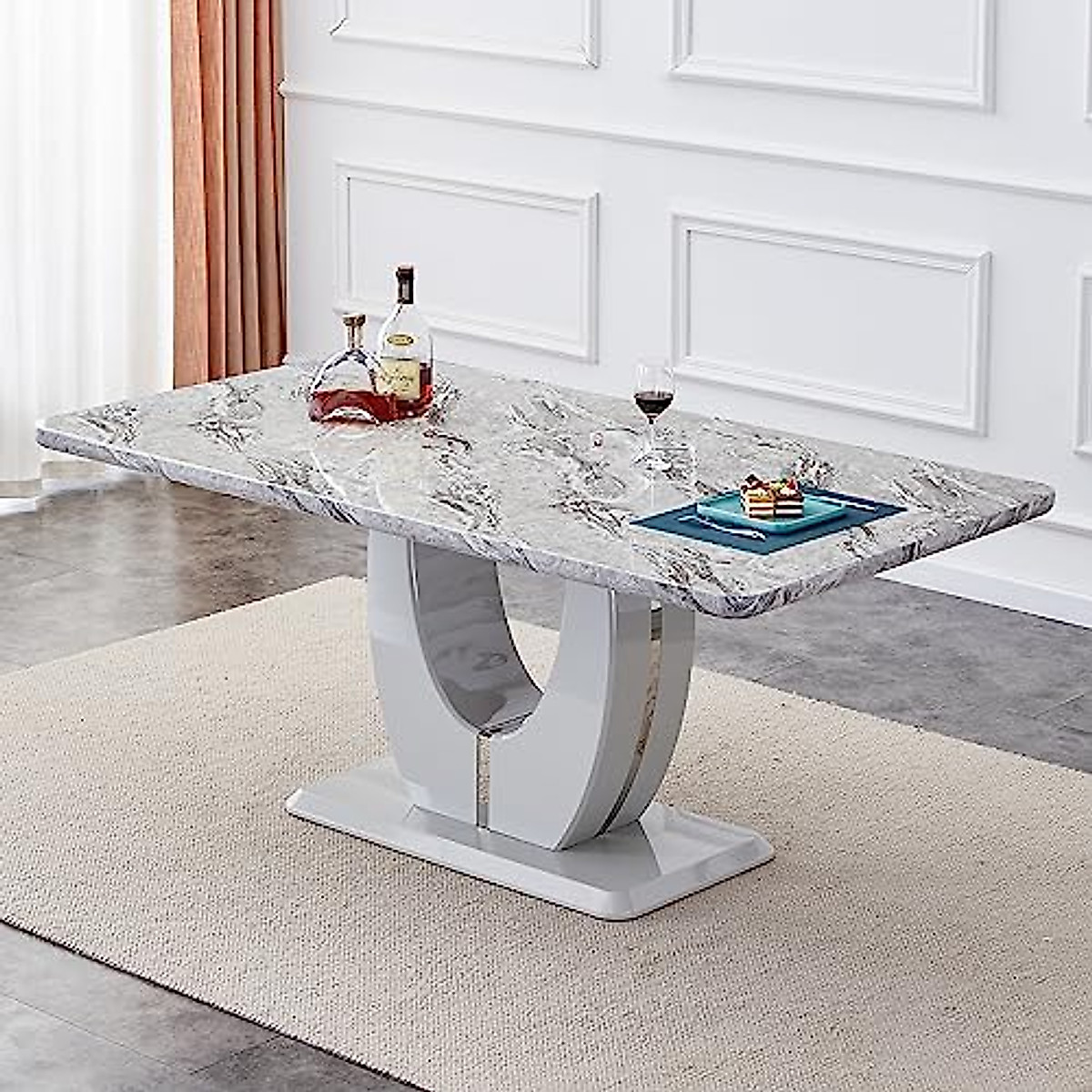 Goderfuu Marble Dining Table for 8 People - 71 inch Modern Kitchen Dining Room Table with Grey U-Base, Faux Marble Dining Table Pedestal Table Dinner Table, Large Marble Table for Dining Room