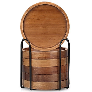 6 Pcs Best Wooden Coasters with Holder Coffee Table Coasters for Drink Acacia Wood Coaster Set Modern Cup Coasters Cute Beer Coaster Bar Coasters Decorative Beverage Rustic Outdoor Coasters