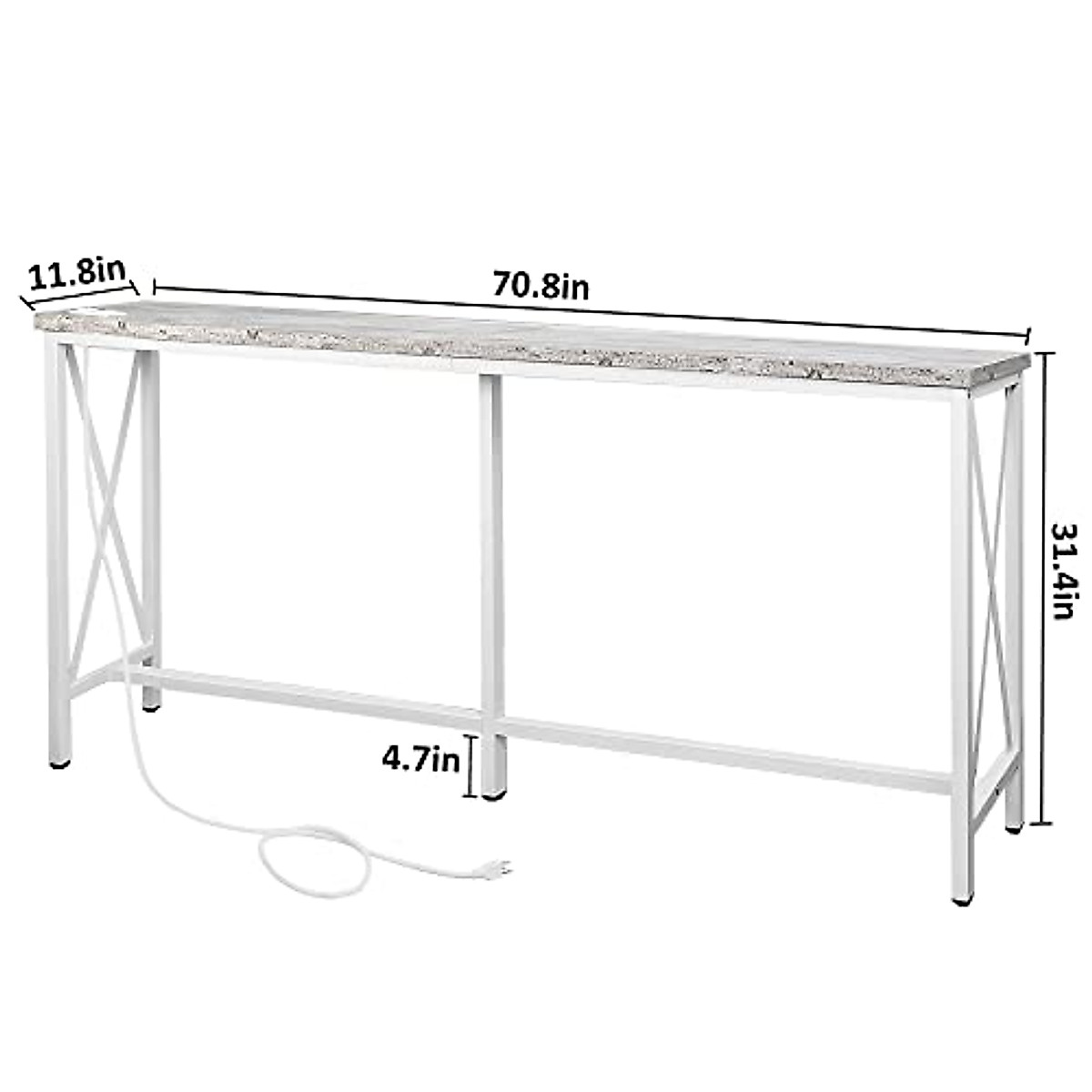 VIKIZUES Console Table with Power Outlets & USB Ports, 70" Narrow Sofa Table with Metal Frame, Entryway Table for Living Room Hallway Foyer Entrance, Couch Table Behind Sofa, Vintage White