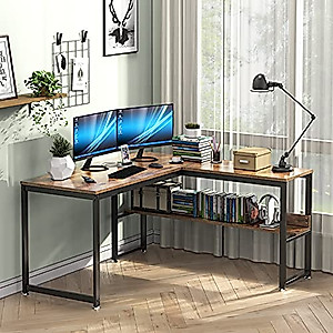 WiberWi L Shaped Desk, Office Computer Corner Desk, 55 inch Home Gaming Desk Table, Writing Study Workstation with Storage Shelves for Home Office, Space-Saving, Industrial, Rustic Brown